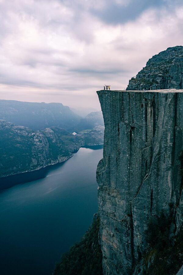 Cliffside view from near Preikestolen looking down into the Lysefjorden