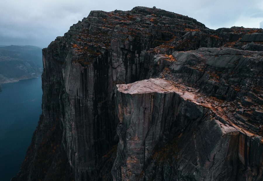 Aerial view of Preikestolen cliff and surrounding terrain in Rogaland