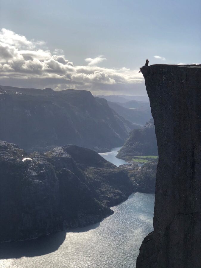 Dramatic view of Preikestolen cliff and the Lysefjord