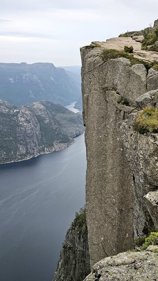 Preikestolen rock formation with Lysefjord far below