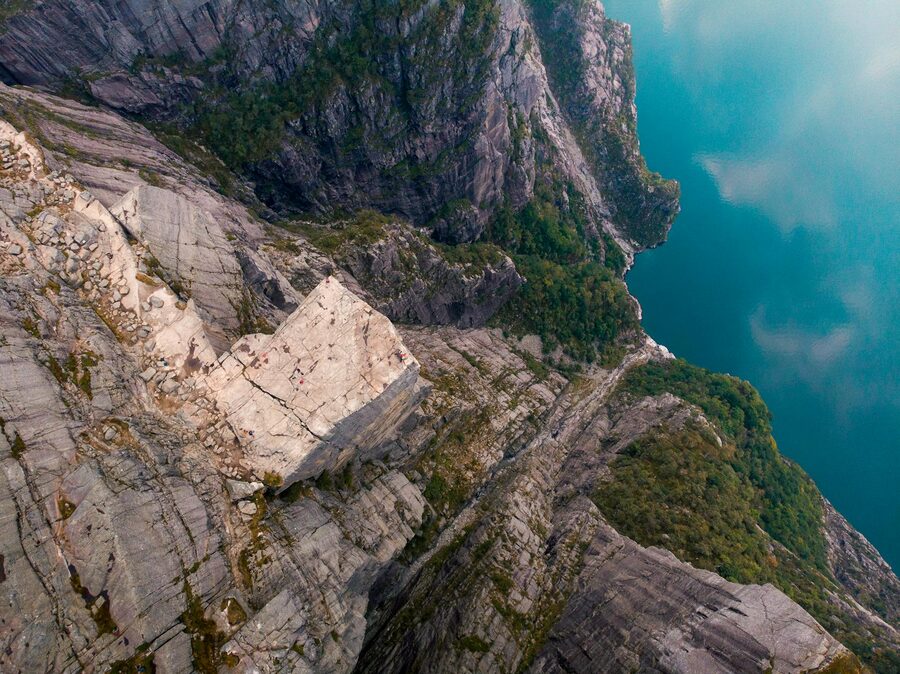 Aerial view of Pulpit Rock overlooking the crystal-clear Lysefjord