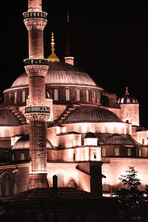 Sultanahmet Mosque illuminated at night in Istanbul