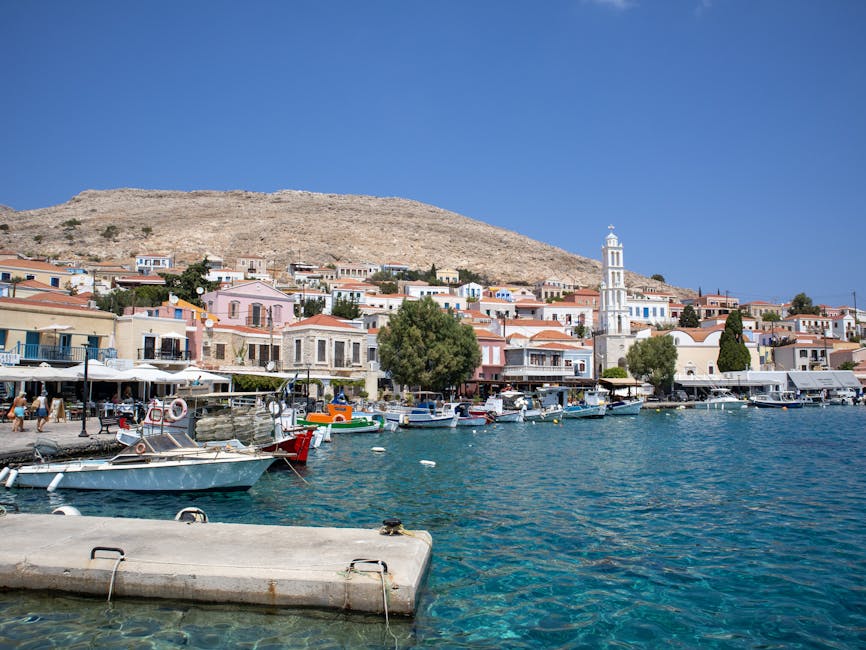 Waterfront cafes and tavernas lining the Symi harbor