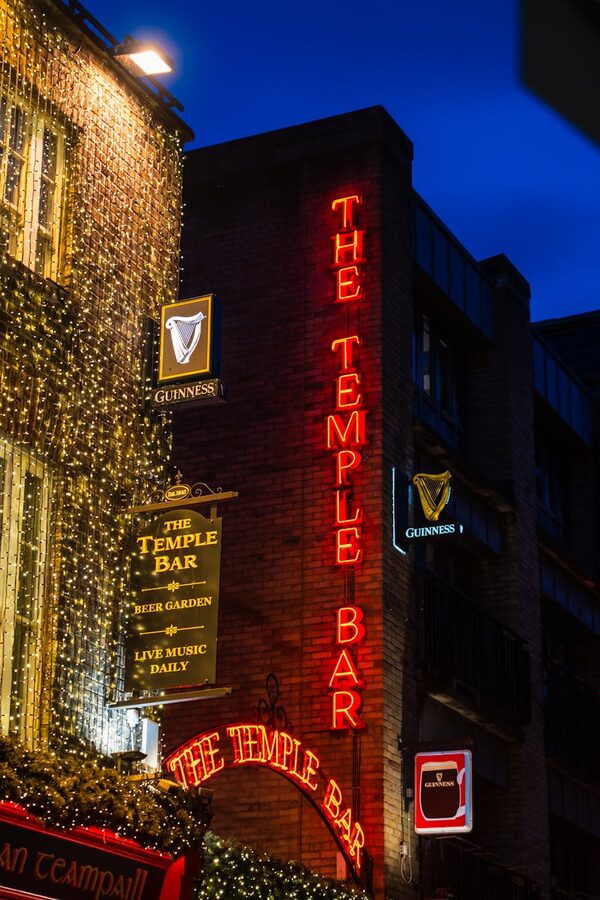 Temple Bar neon signs in Dublin at twilight