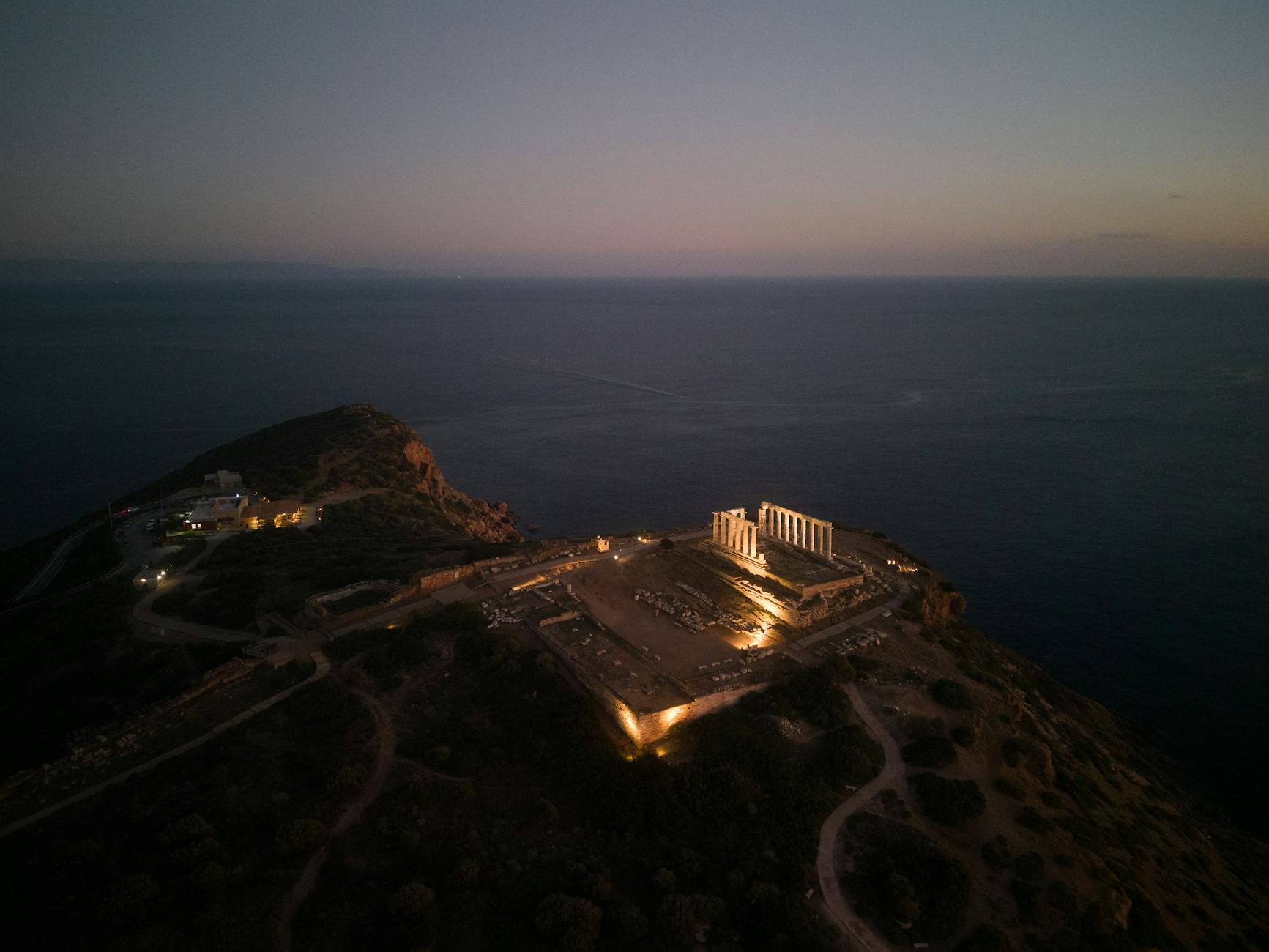 Aerial view of the Temple of Poseidon in Greece