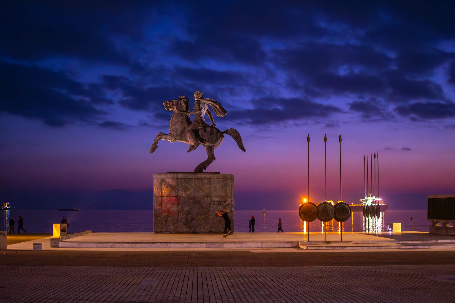 Alexander the Great statue by the sea in Thessaloniki at twilight