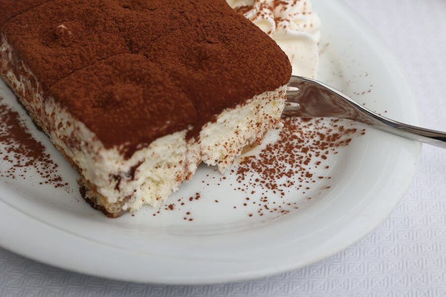 Tiramisu slice with cocoa