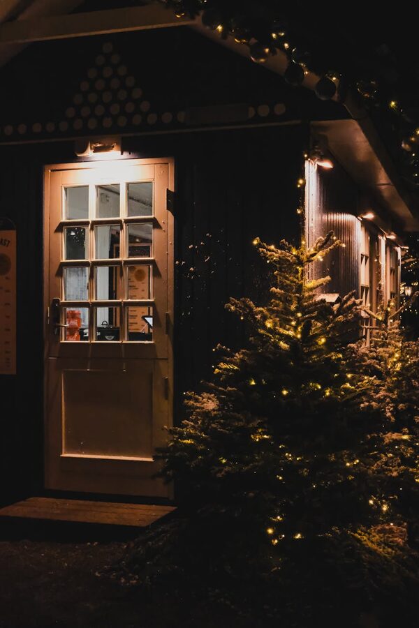 Beautifully lit Christmas tree beside a warm doorway at night in Copenhagen