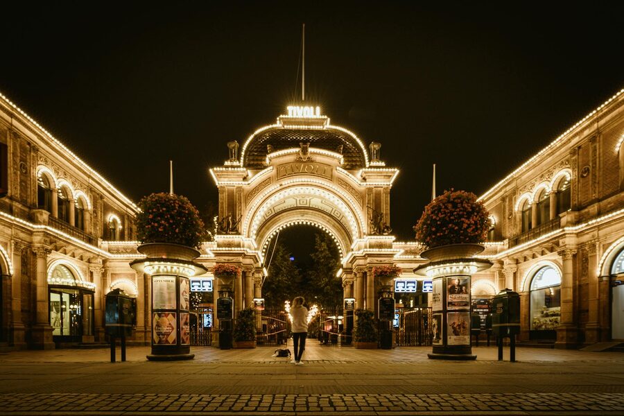 Tivoli Gardens entrance brightly lit at night