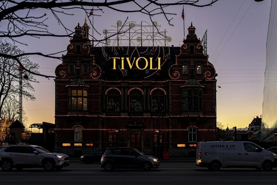Tivoli Gardens entrance facade illuminated at twilight