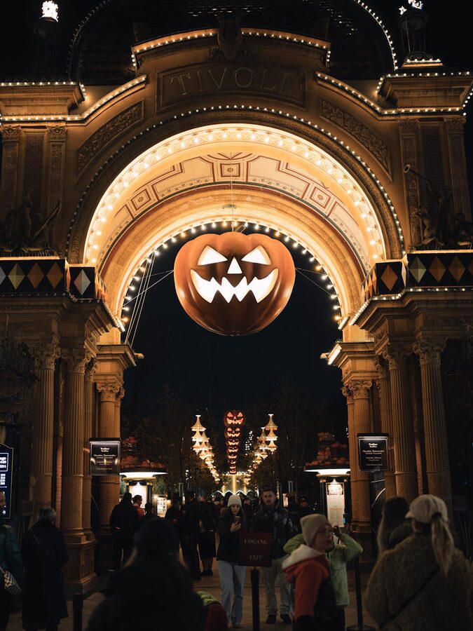 Tivoli Gardens entrance with Halloween decorations and festive lights