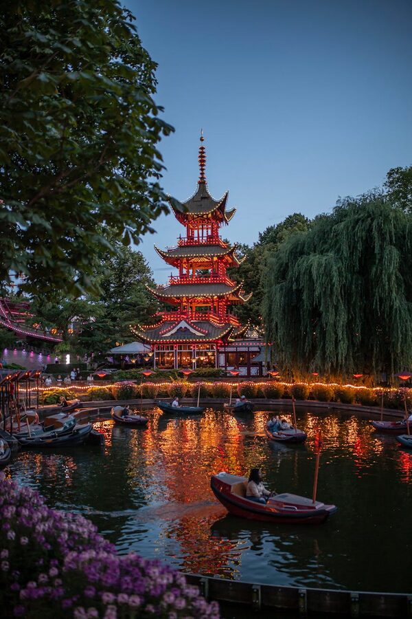 Tivoli Gardens Chinese Pagoda illuminated at twilight