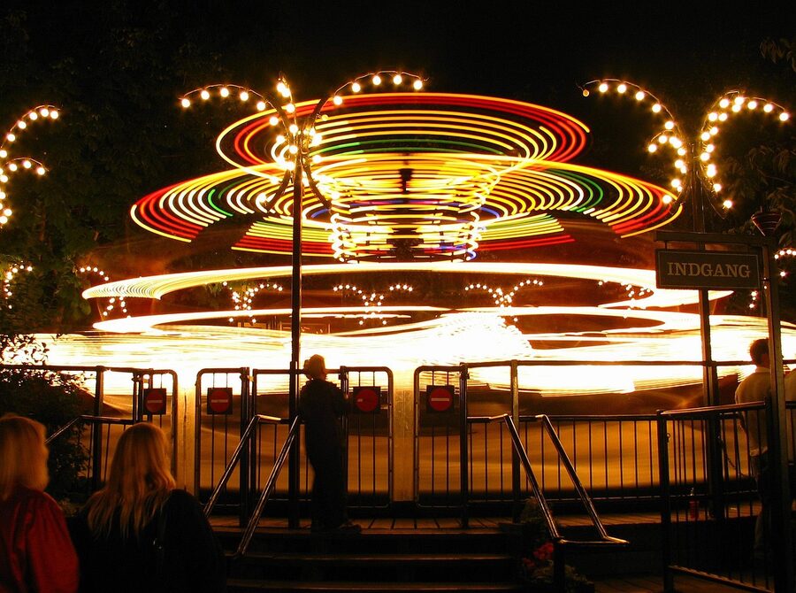 Illuminated ride at Tivoli Gardens at night