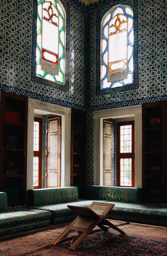 Ottoman-style room with stained glass windows in Topkapi Palace