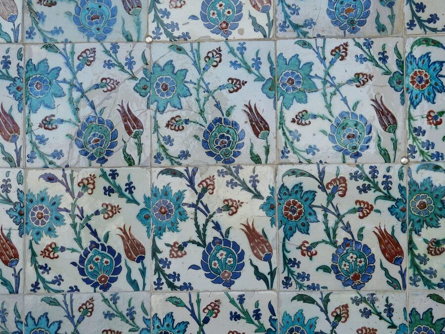 Detailed Iznik ceramic tiles decorating the walls of Topkapi Palace