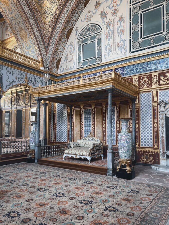 Ottoman furniture and gilded interior room at Topkapi Palace