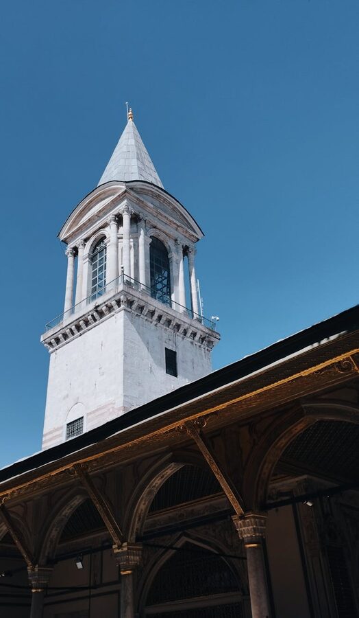 Tower of Topkapi Palace against a clear blue sky in Istanbul