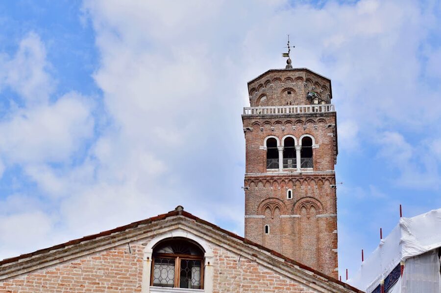 Italian brick tower with arched windows on Torcello Venice