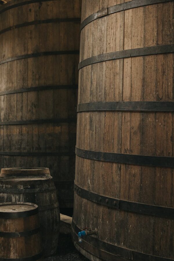 Traditional large wooden barrels in a rustic distillery setting