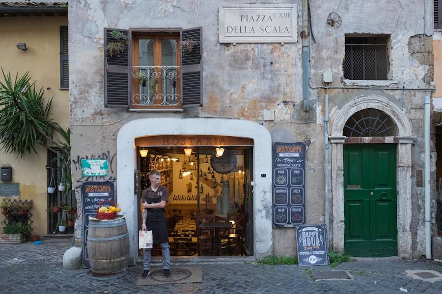 Rustic restaurant entrance in Trastevere, Rome