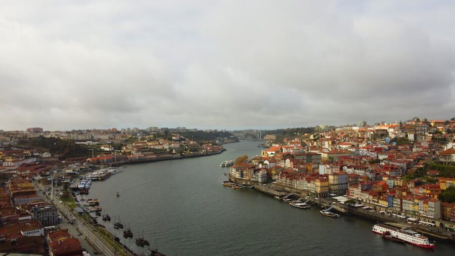 Porto urban landscape drone shot with Douro River