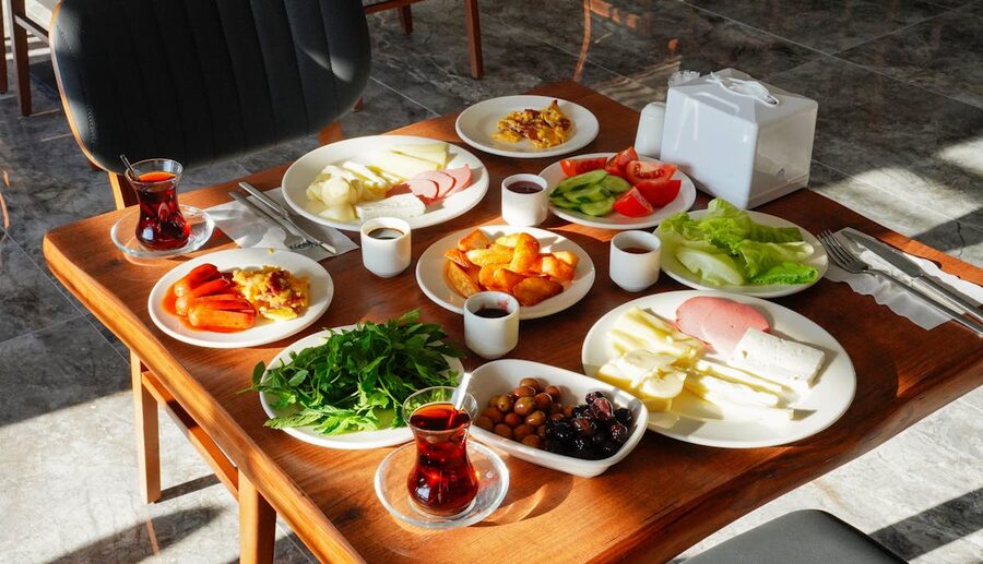 Traditional Turkish breakfast with multiple dishes