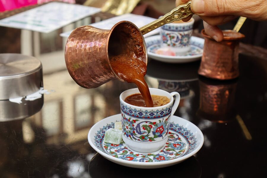 Traditional Turkish coffee served in ornate cup