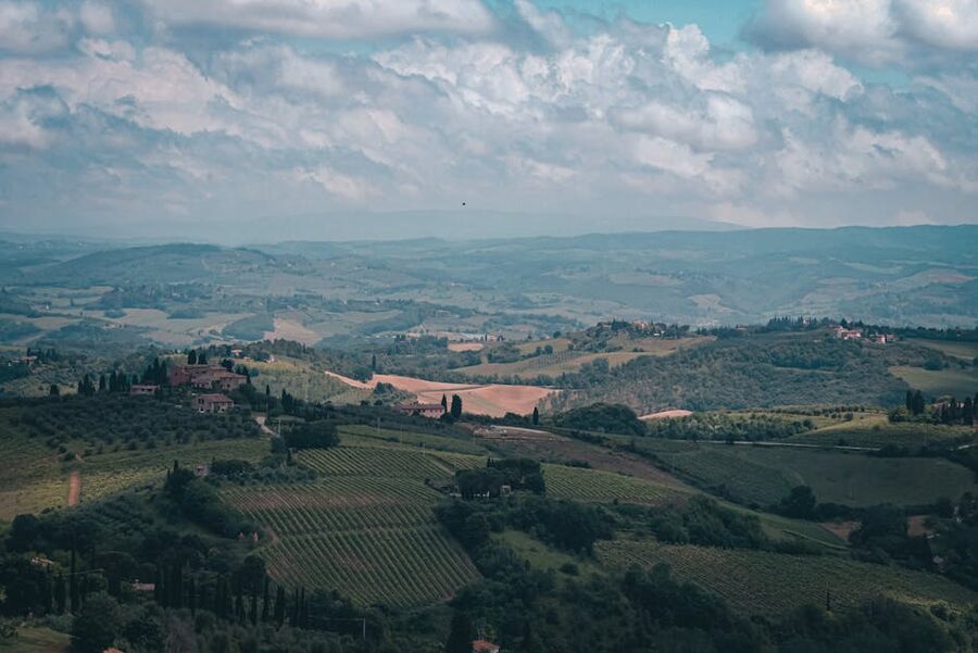 Tuscany aerial view of hills and vineyards