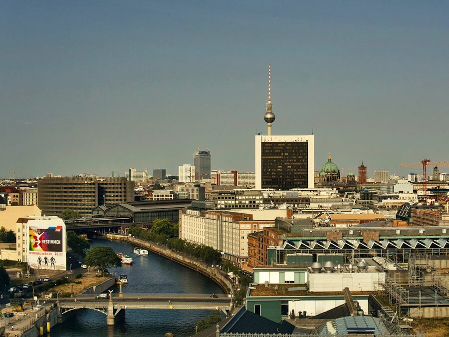 Aerial view of Berlin cityscape with the TV Tower and Spree River visible
