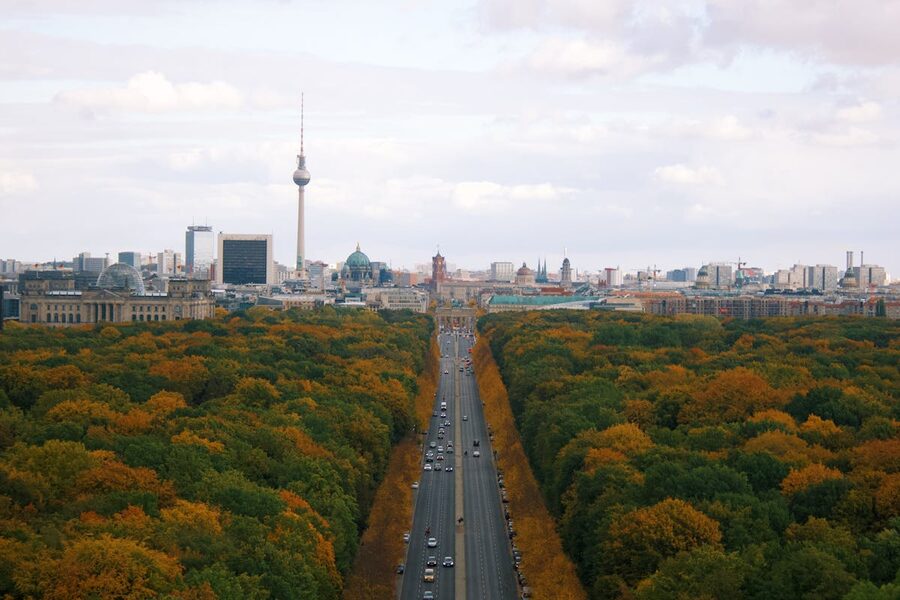 Autumn cityscape of Berlin with Tiergarten park and TV Tower in background