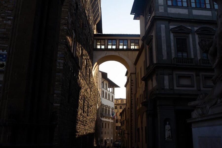 View through Uffizi Gallery archway Florence