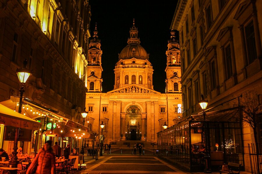 St Stephens Basilica lit up at night Budapest