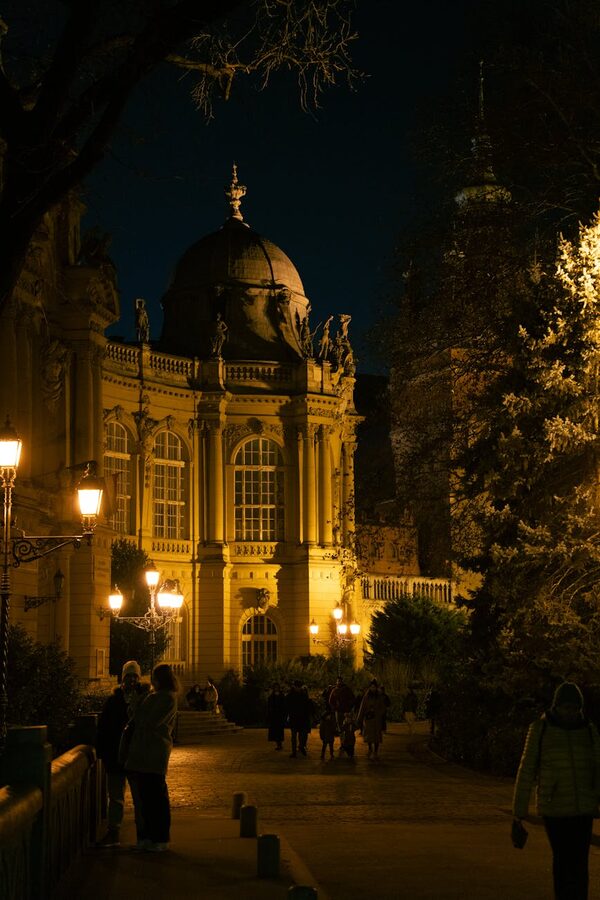 Vajdahunyad Castle illuminated at night Budapest