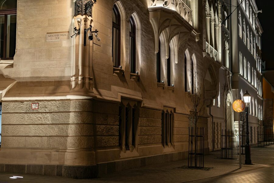 Gothic architecture under streetlights Budapest night