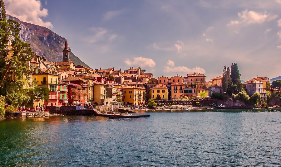 Varenna Lake Como view with boats