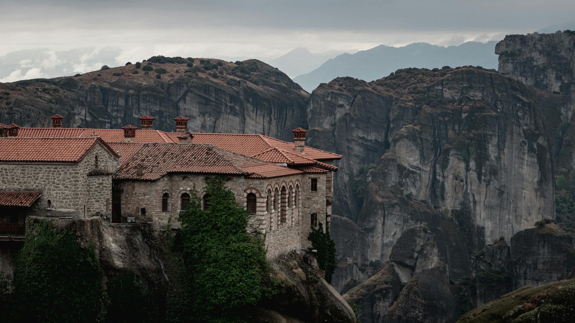 View of Varlaam monastery with rocks in background