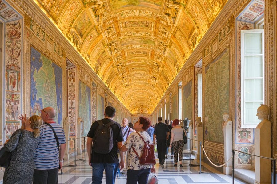 Ornate golden ceiling of the Gallery of Maps corridor in the Vatican Museums