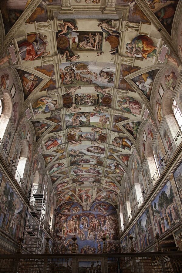 Full view of the Sistine Chapel ceiling and Last Judgement by Michelangelo