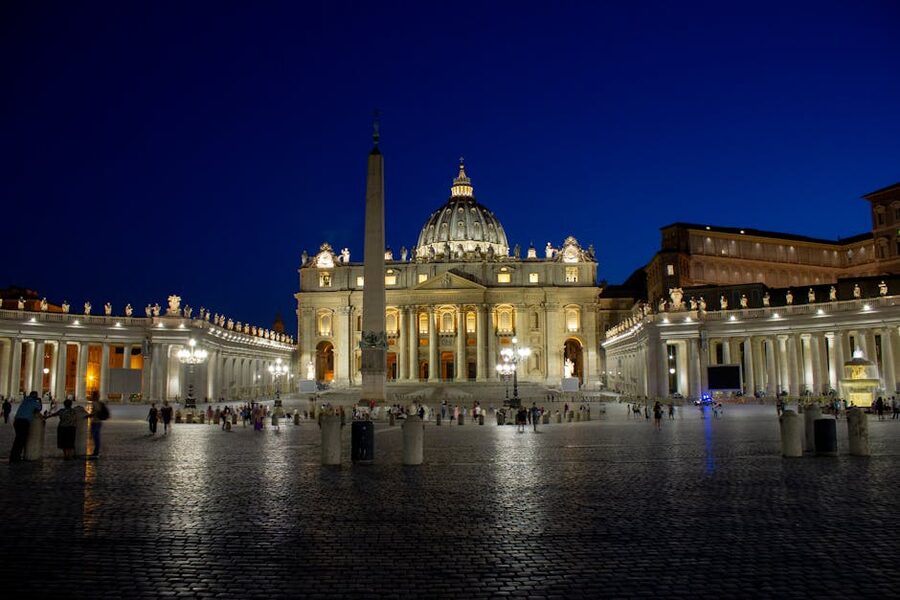 St Peters Basilica illuminated at night in Vatican City