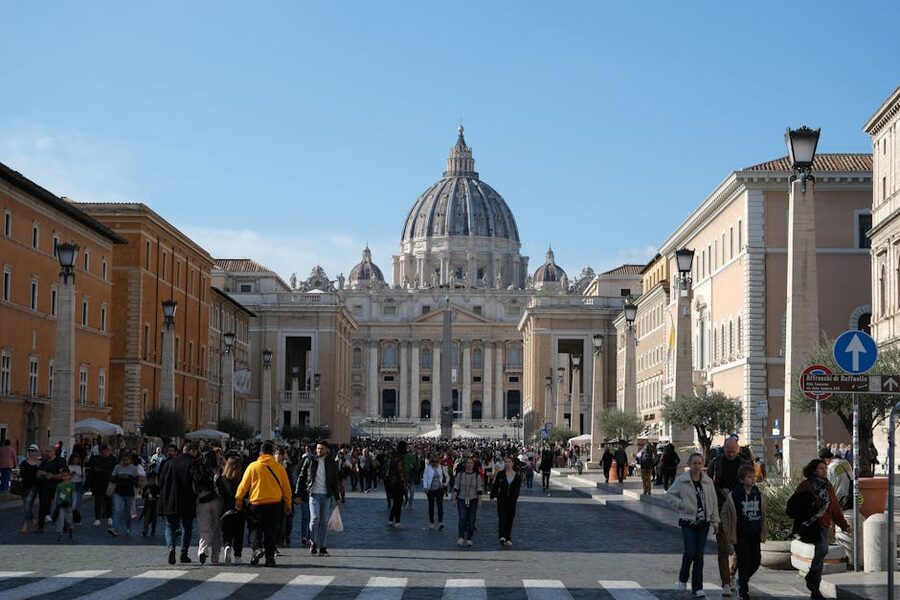 Crowds gathered at St Peters Basilica during the day in Vatican City