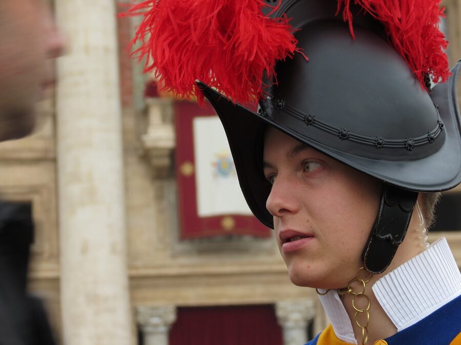 Swiss Guards in traditional uniform at the Vatican entrance