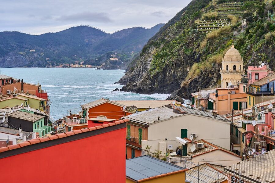 Vernazza colorful buildings against cliffs Cinque Terre