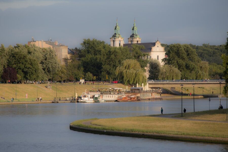 Krakow riverbank with historic buildings