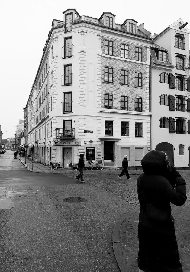 Classic Copenhagen architecture with pedestrians on a wide street