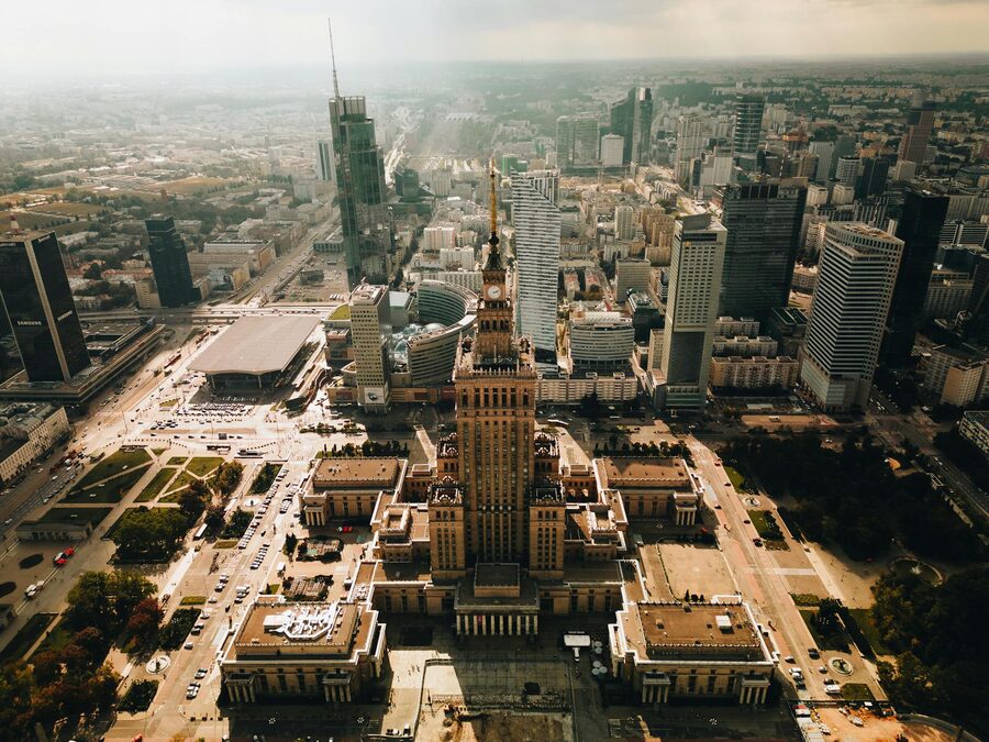 Aerial view of Warsaw with Palace of Culture and Science