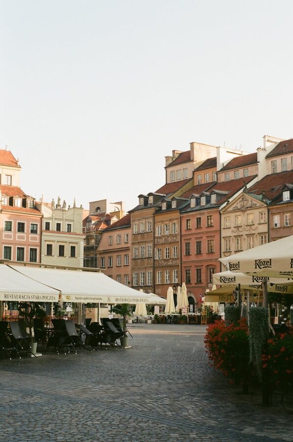 Warsaw Old Town colourful buildings and cafes