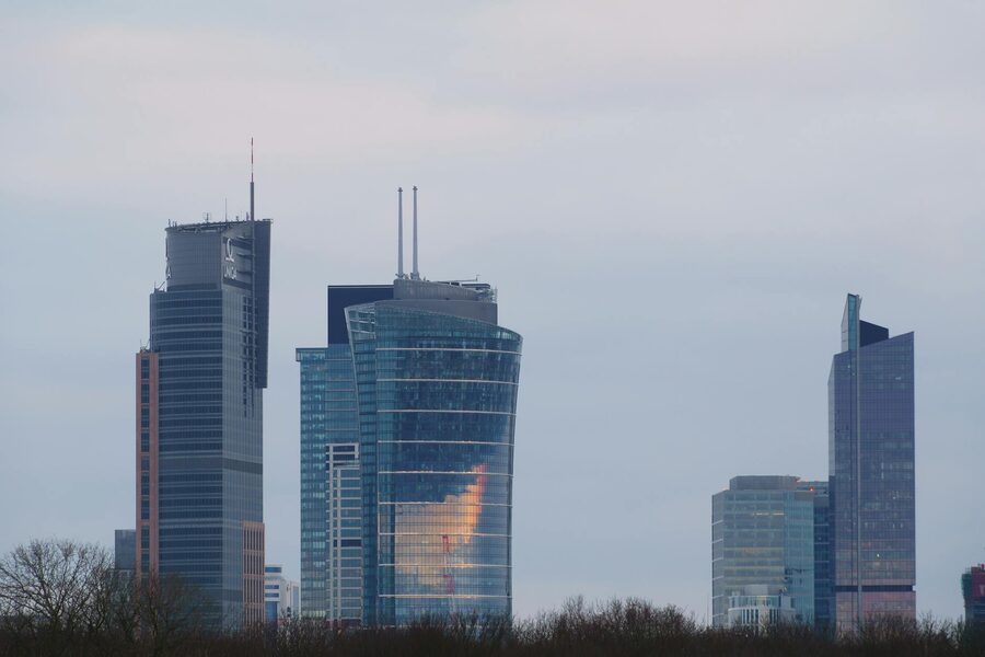 Modern Warsaw skyline at twilight