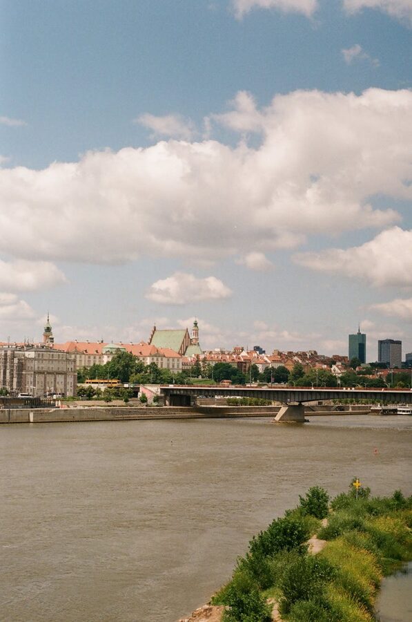 Film photo of Warsaw cityscape and Vistula River