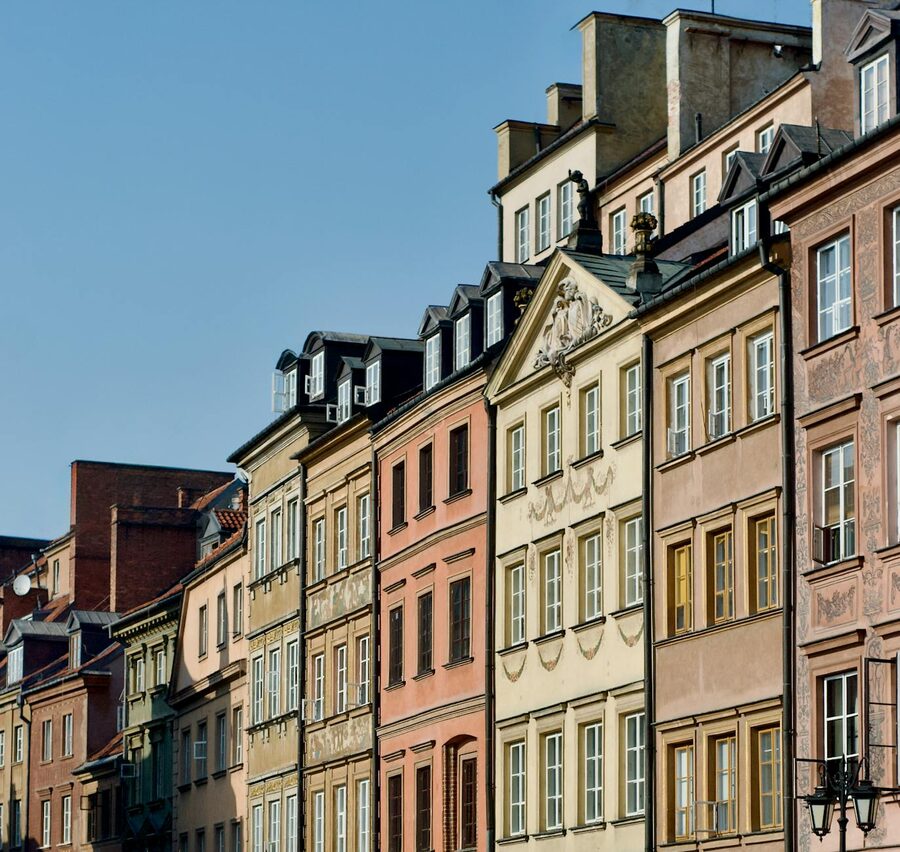 Row of colourful historic houses in Warsaw Old Town