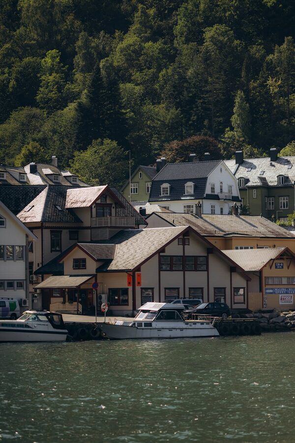 Colourful waterfront houses along a fjord near Bergen